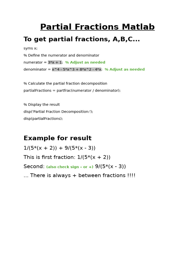 Partial Fractions Matlab | PDF