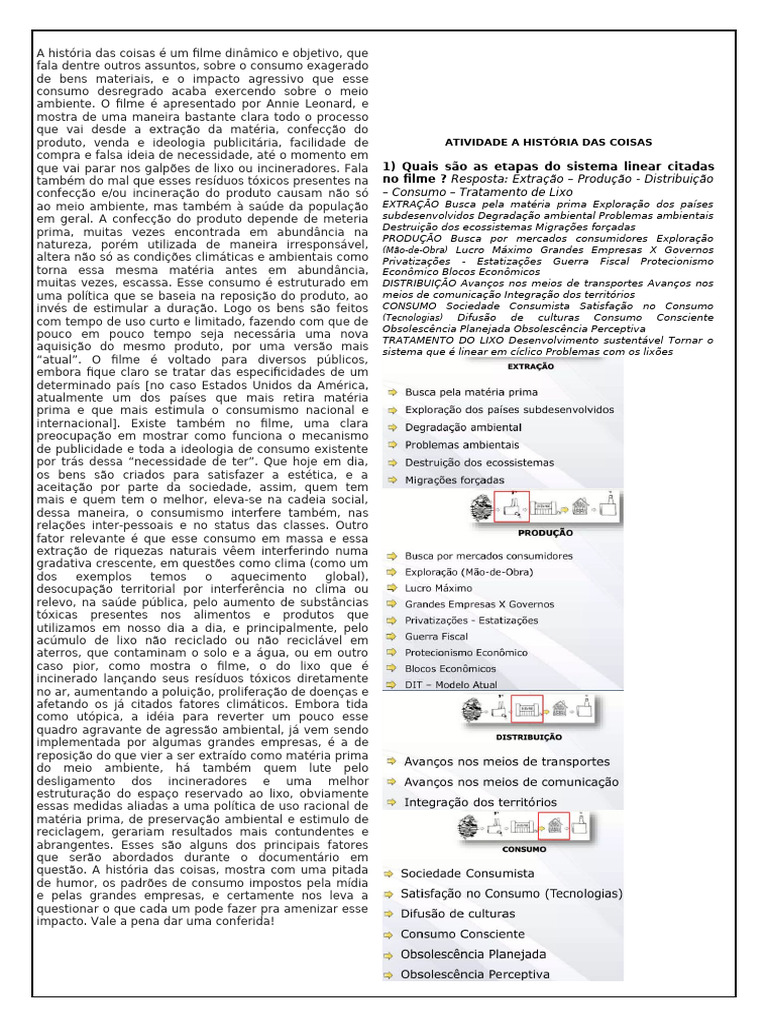 A História Das Coisas RESENHA E ATIVIDADE | PDF | Desperdício | Economia
