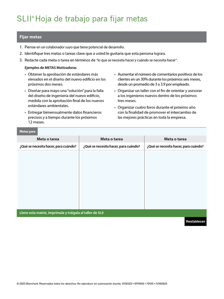 Hoja de Trabajo de Metas SLII | PDF