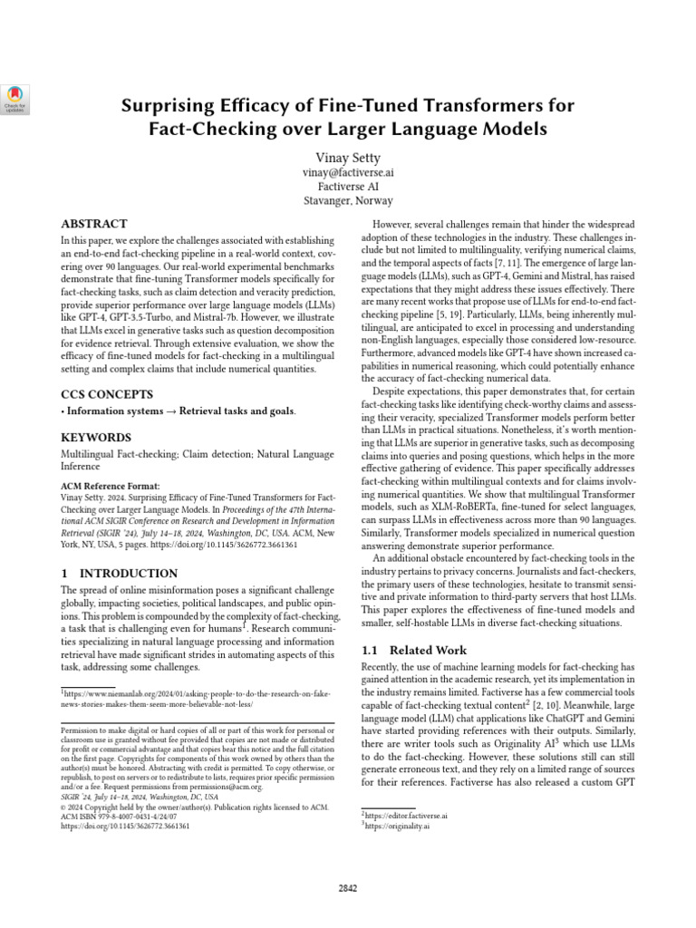 (2024) (SIGIR) Surprising Efficacy of Fine-Tuned Transformers For Fact-Checking Over Larger ...