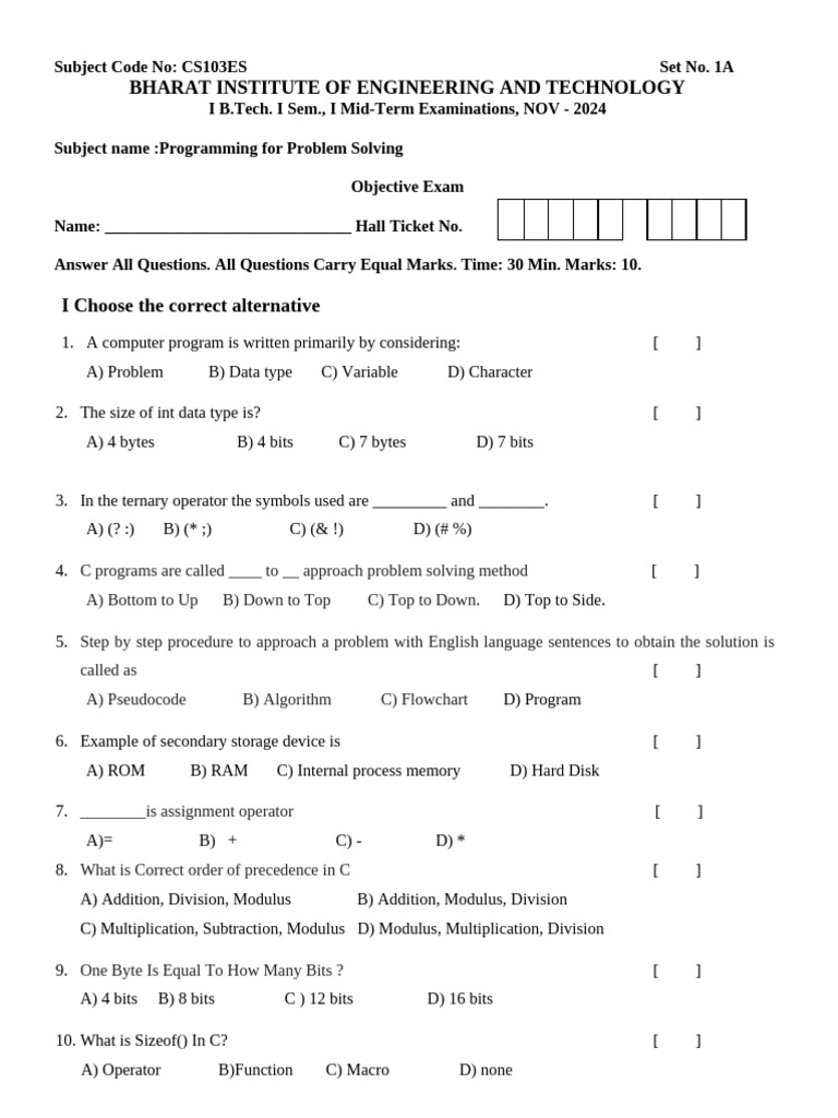 PPS MID-I Objective Group-1 (2024-25) | PDF | Bit | Computer Data Storage