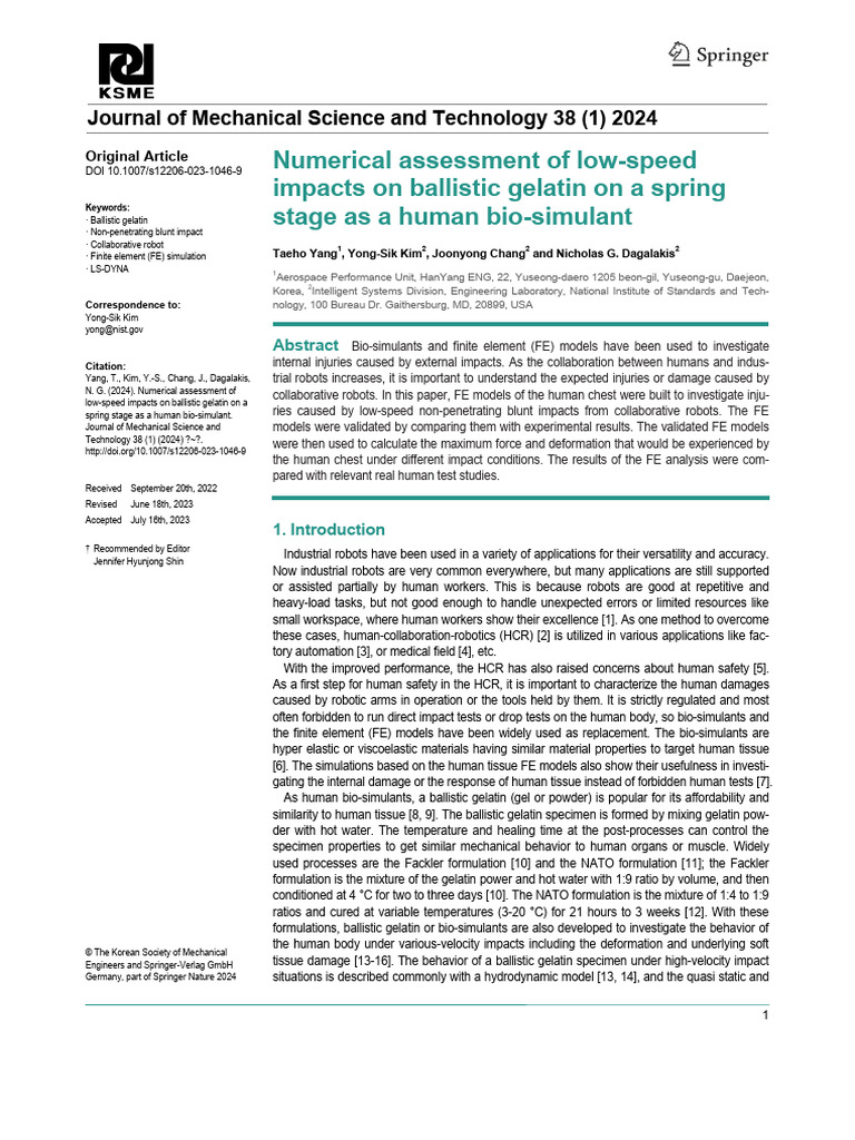 Numerical Assessment of Low-Speed Impacts On Ballistic Gelatin On A Spring Stage As A Human Bio ...
