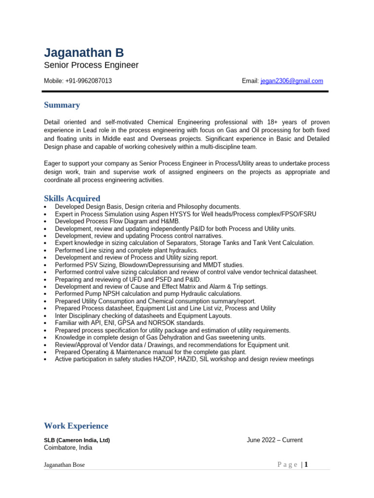 Senior Process Engineer Profile | PDF | Liquefied Natural Gas | Natural Gas