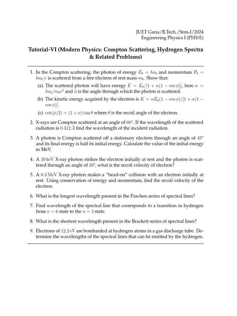 Compton Scattering & Hydrogen Spectra Problems | PDF | Teaching Methods ...