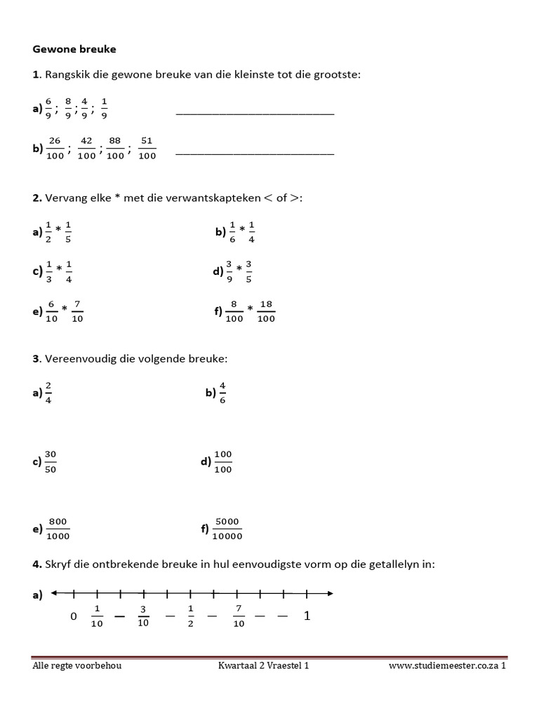 Kwartaal 2 - Vraestel 01 - Gewone Breuke | PDF