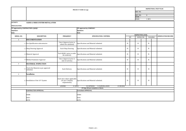 ITP For Audio Visual System Installation | PDF | Specification ...