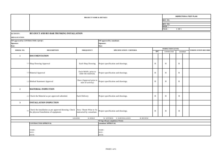 ITP For Bus Duct and Bus Bar Trunking Installation | PDF | Specification (Technical Standard ...