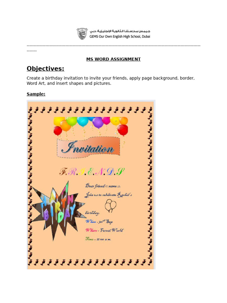 Birthday Invitation Card Assignment | PDF
