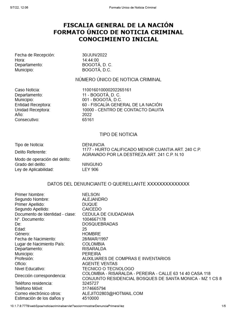 Formato Unico de Noticia Criminal 110016010000202265161 | PDF ...