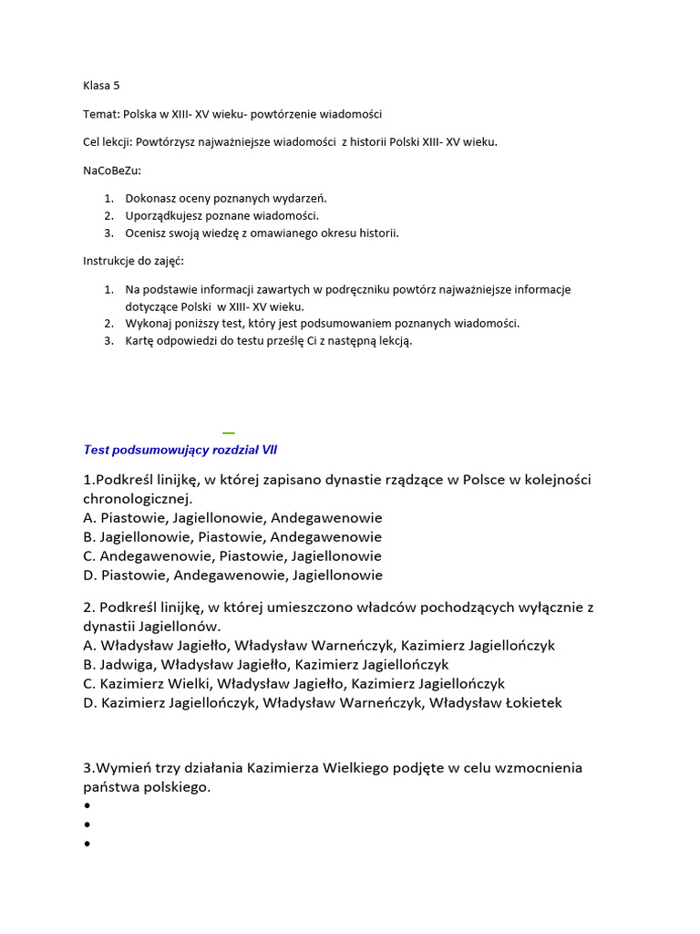 Historia Kl5 Polska w Xiii Xv Wieku Powtorzenie Wiadomosci | PDF