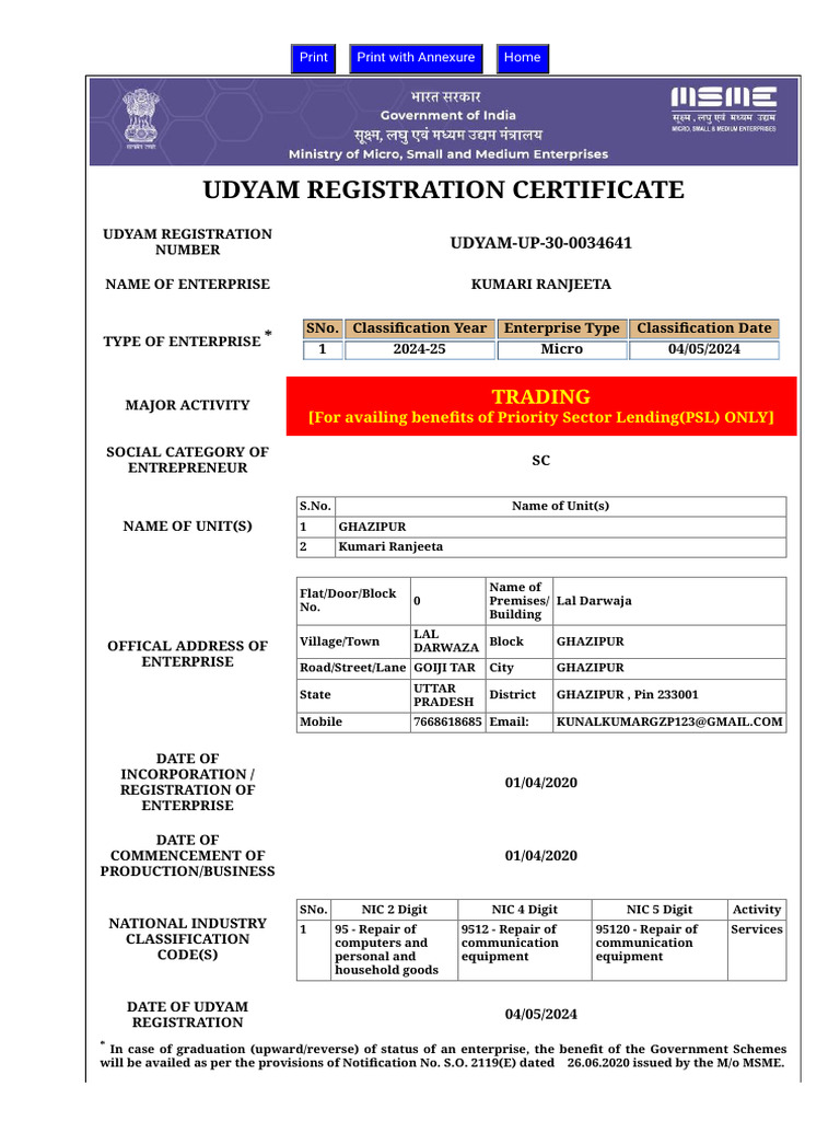 Print - Udyam Registration Certificate | PDF