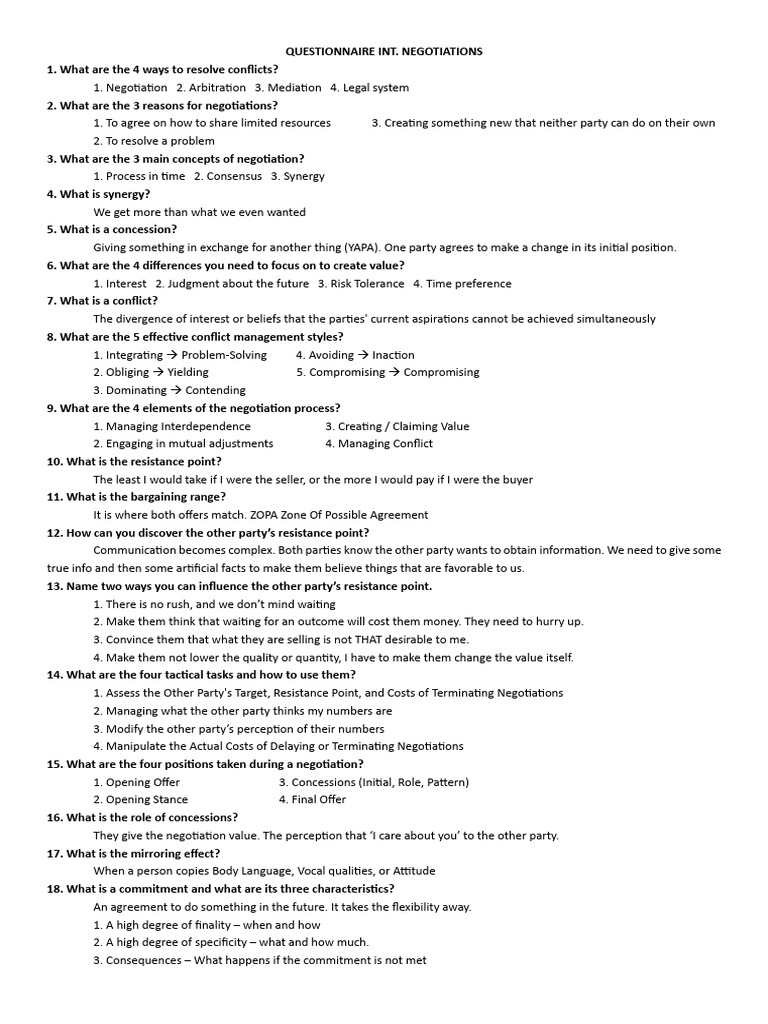 FINAL QUESTIONNAIRE INT NEGOTIATIONS | PDF | Negotiation | Social Psychology