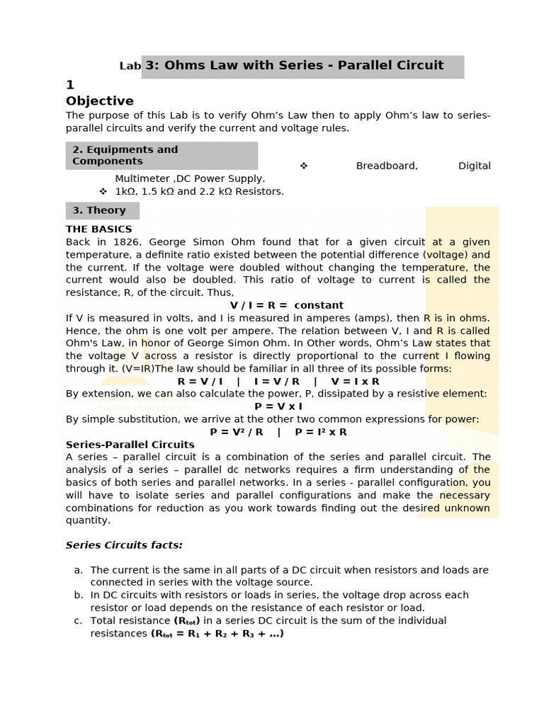 Lab 3 Ohms Law | PDF | Series And Parallel Circuits | Resistor