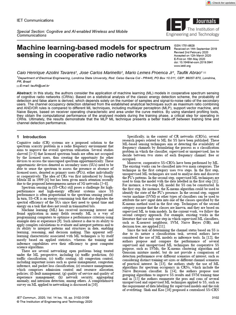 Machine Learning‐based Models For Spectrum Sensing In Cooperative Radio