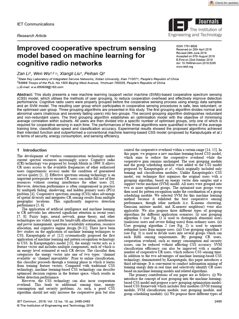 Improved Cooperative Spectrum Sensing Model Based On Machine Learning For Cognitive Radio | PDF ...