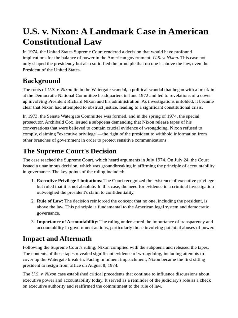 U.S. v. Nixon: Accountability in Governance | PDF | Executive Privilege ...