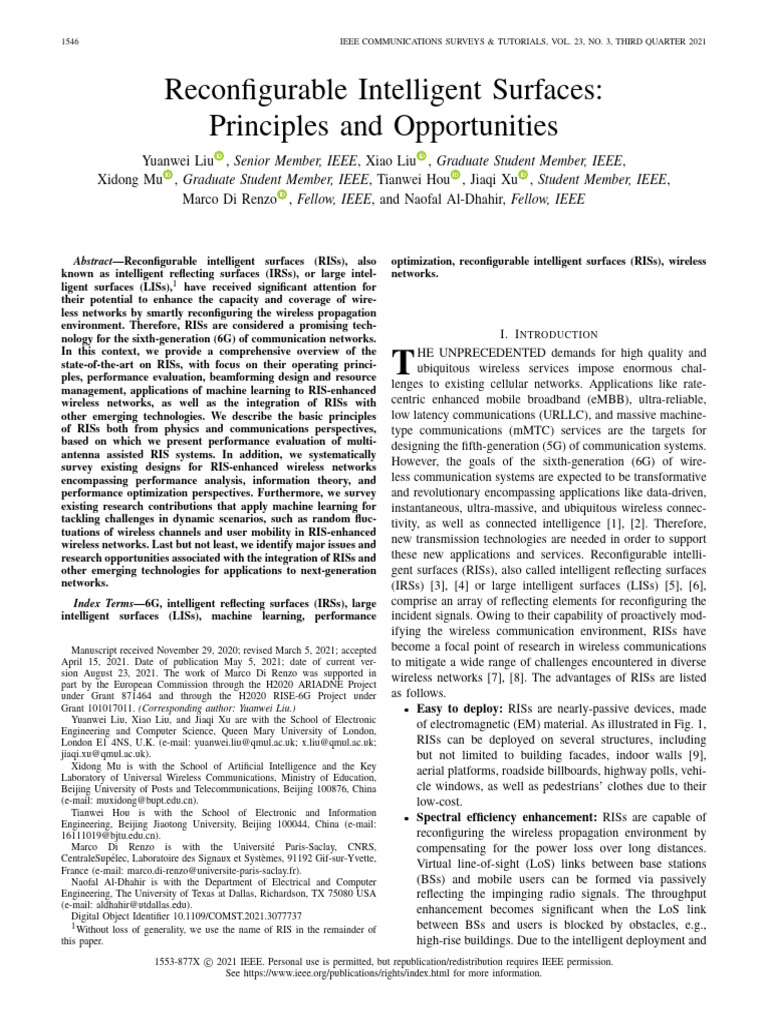 Reconfigurable Intelligent Surfaces Principles and Opportunities | PDF ...