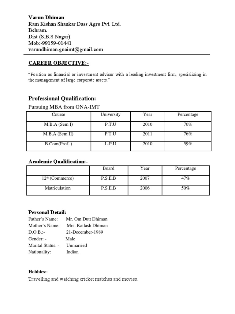Financial Advisor Resume of Varun Dhiman | PDF | Sports & Recreation