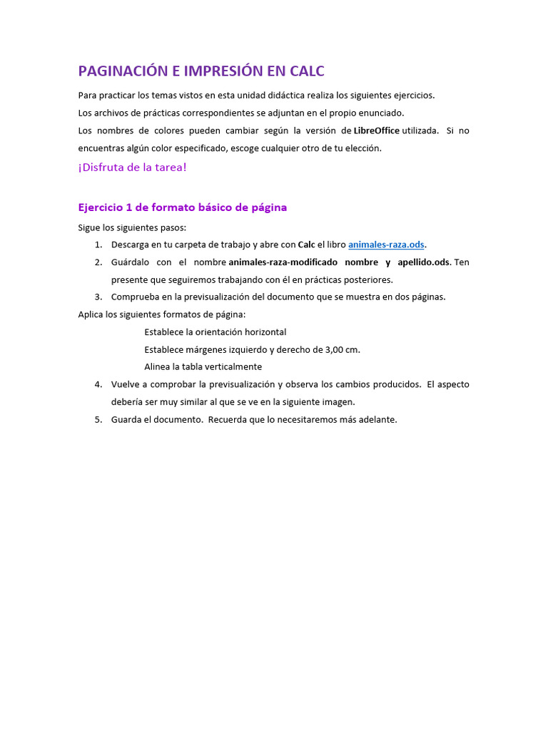 Prácticas C 04 PAGINACIÓN E IMPRESIÓN EN CALC | PDF