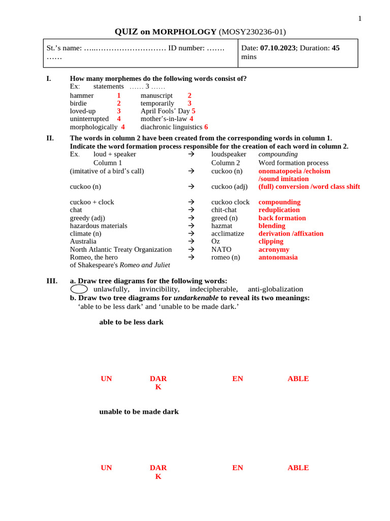 Morpho Quiz 7.10.2024 Keys | PDF | Word | English Language