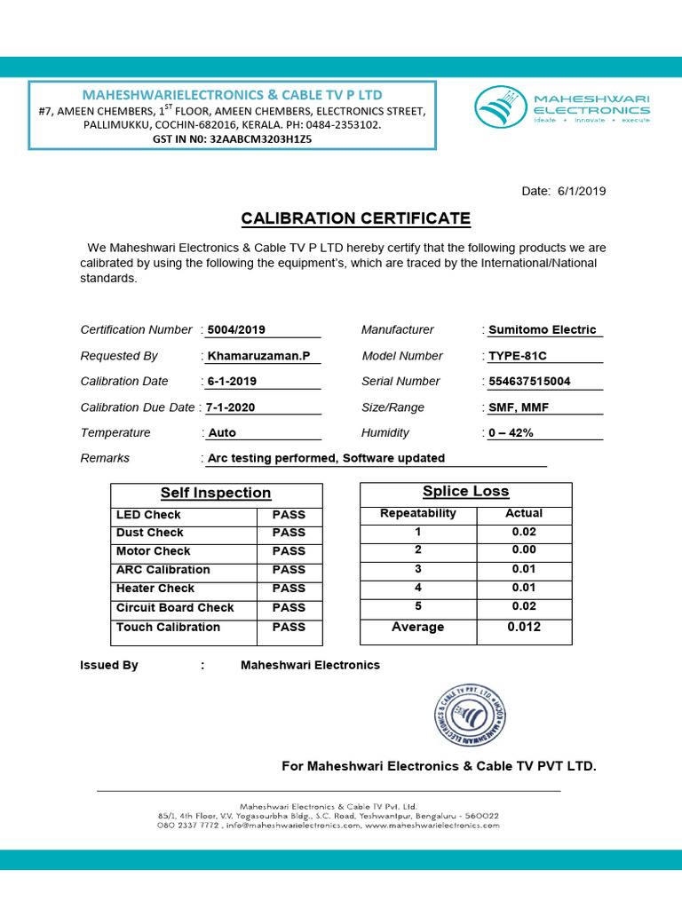 Maheshwarielectronics & Cable TV P LTD: Calibration Certificate | PDF