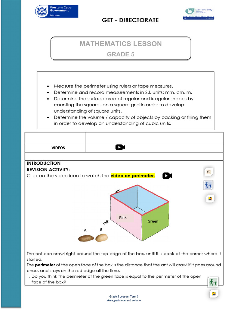 GET IP Grade 5 Mathematics Perimeter Area and Volume Term 3 Week 6 | PDF | Area | Volume