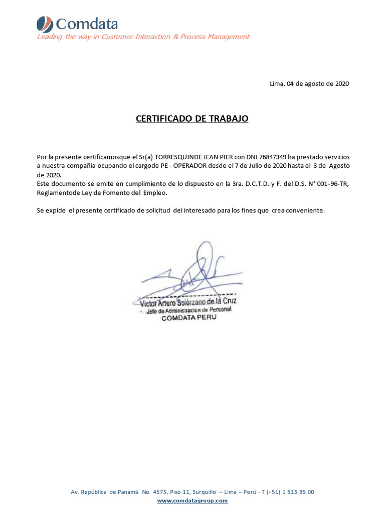 Certificado de Comdata | PDF