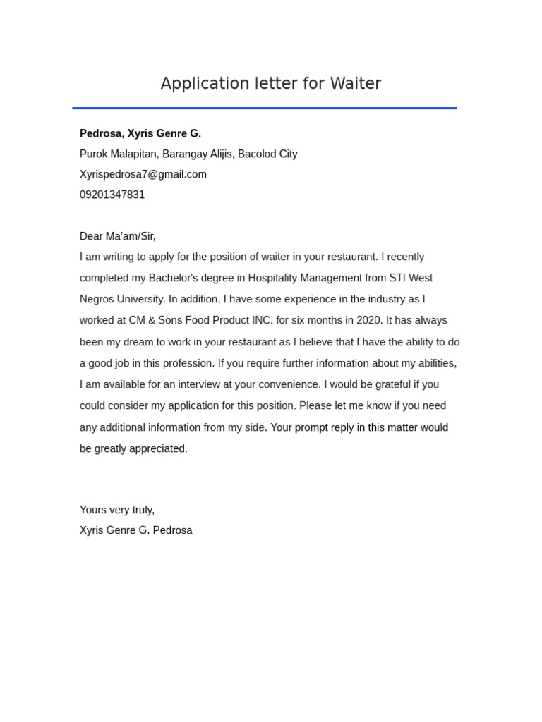 Application for Waiter Position | PDF | Career & Growth