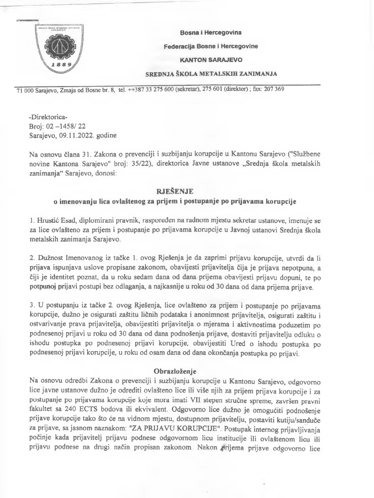 RJESENJE o Imenovanju Lica Ovlastenog Za Prijem I Postupanje Po Prijavama Korupcije | PDF