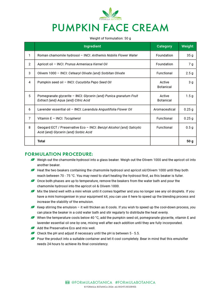 Pumpkin Face Cream Formulation Guide | PDF | Apricot | Emulsion