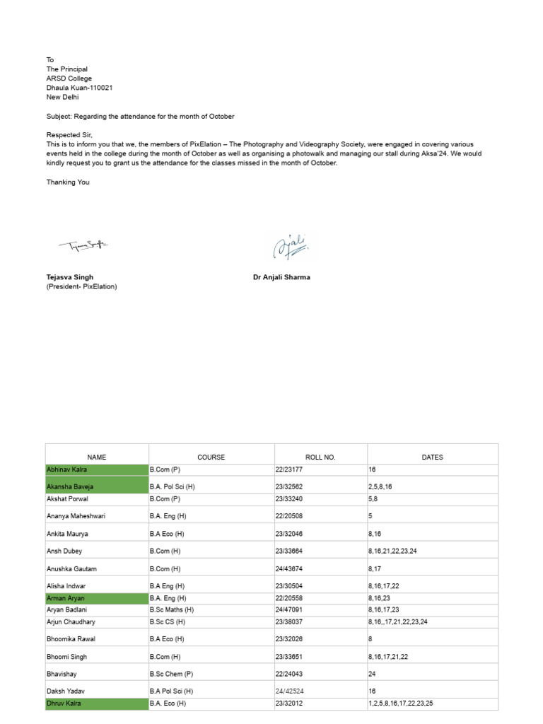 October Attendance Request PixElation | PDF
