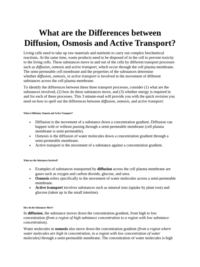 Diffusion vs. Osmosis vs. Active Transport | PDF | Osmosis | Diffusion