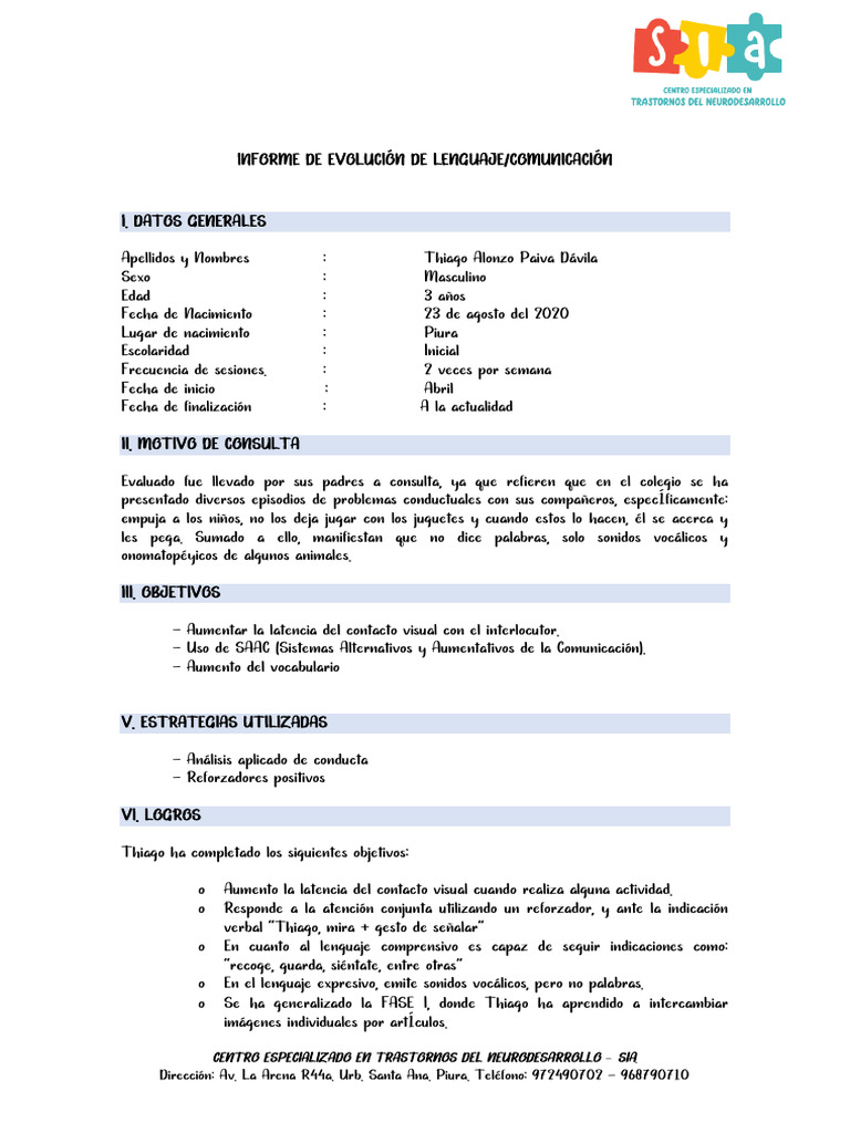 Informe de Evolución Lenguaje - Thiago | PDF | Comunicación | Conceptos psicologicos