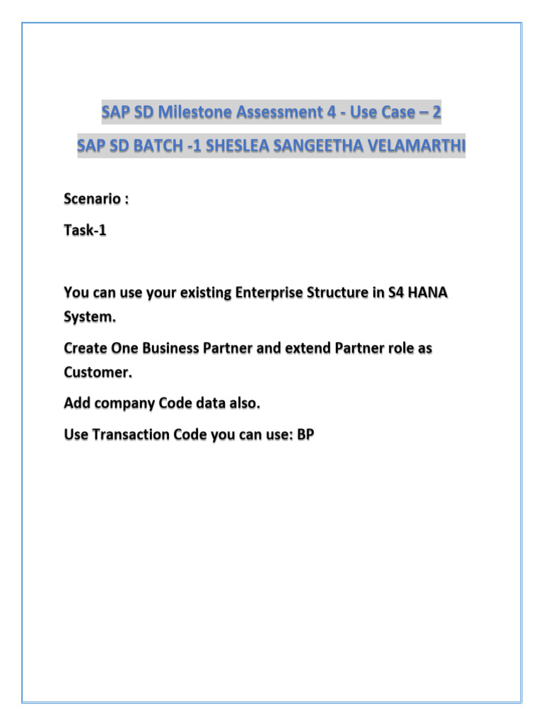 SAP SD Milestone Assessment 4 - Use Case - 2 SAP SD BATCH-1 SHELSEA SANGEETHA VELAMARTHI | PDF