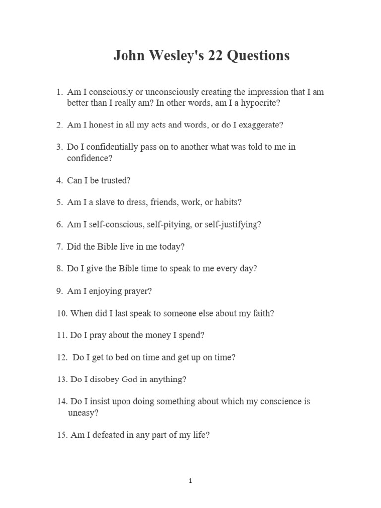 John Wesley's 22 Questions - Revised | PDF | Self-Improvement