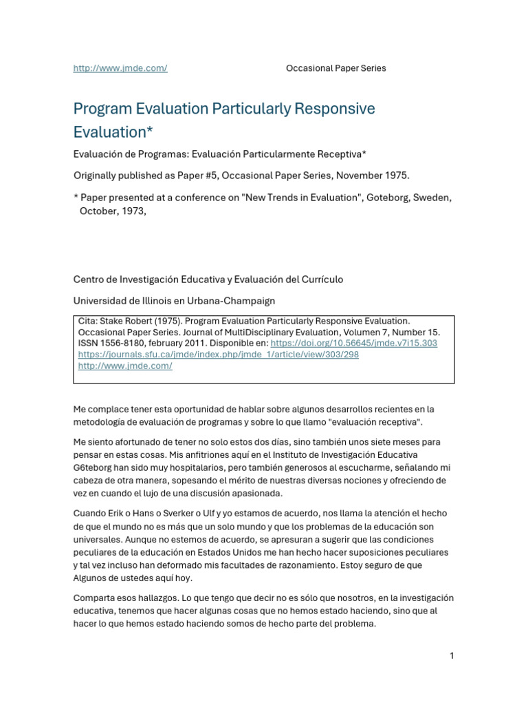 Stake Robert 1973-1975 Evaluacion Responsive Traduccion Castellano | PDF | Evaluación | Experiencia