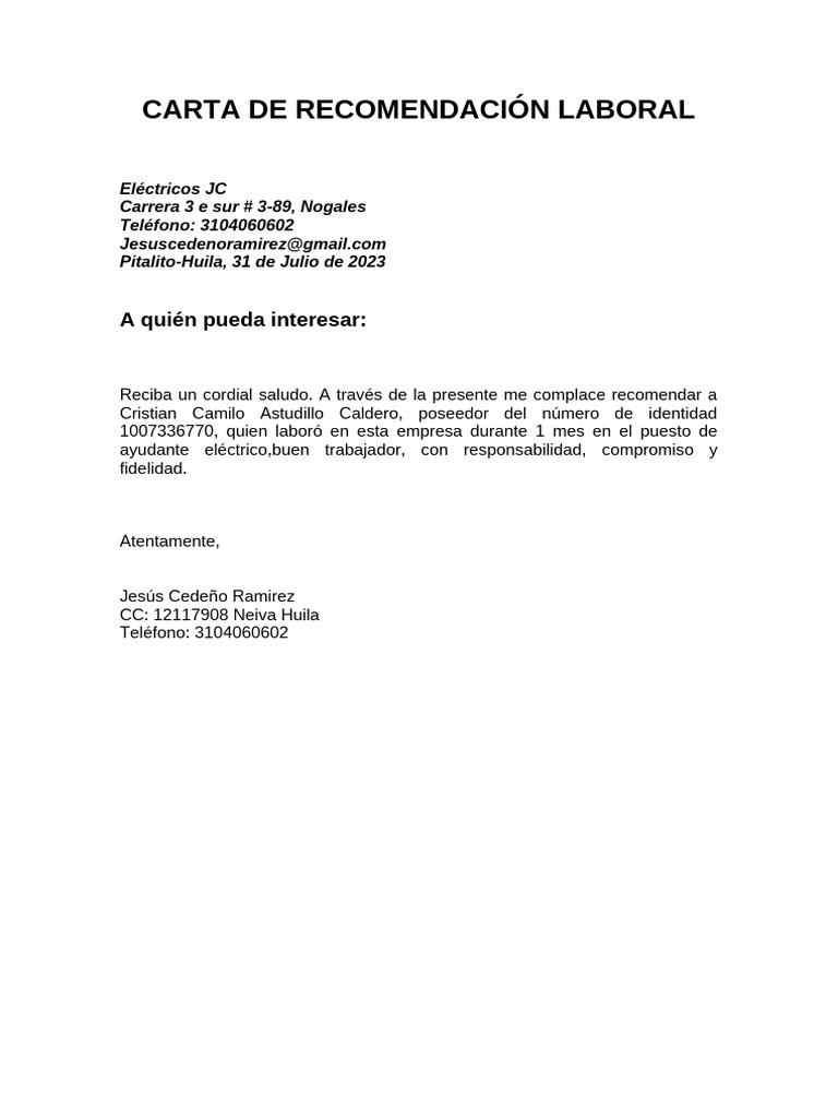 Carta de Recomendación Laboral: A Quién Pueda Interesar | PDF | Derecho