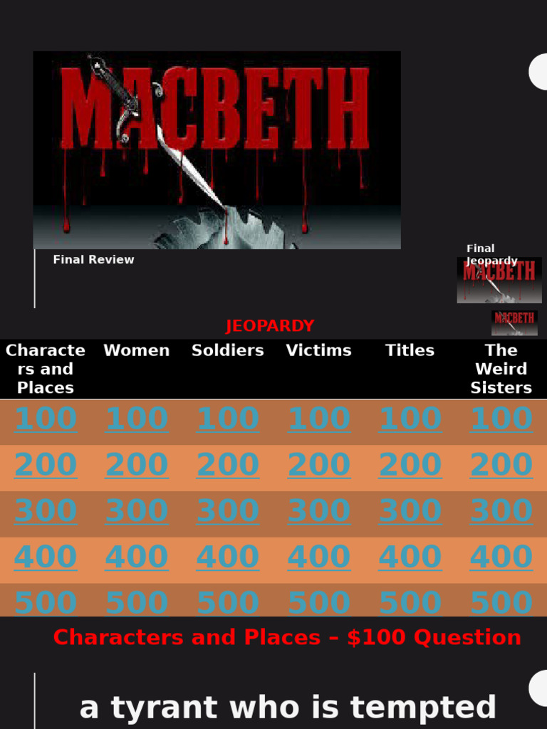 Macbeth Jeopardy | PDF | Macbeth | Shakespearean Tragedies