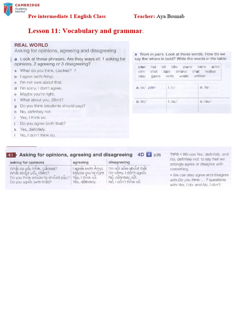 Lesson 11: Vocabulary and Grammar: Pre Intermediate 1 English Class Teacher | PDF | Language ...