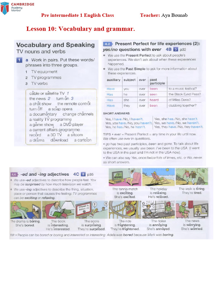 Lesson 10: Vocabulary and Grammar.: Pre Intermediate 1 English Class Teacher | PDF | Bob Dylan