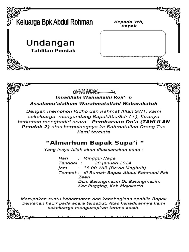 Undangan Pendak Tahlil Tahun Ke 2 | PDF