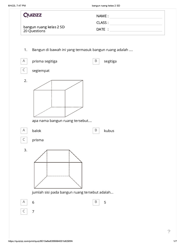 Soal Bangun Ruang Kelas 2 SD | PDF
