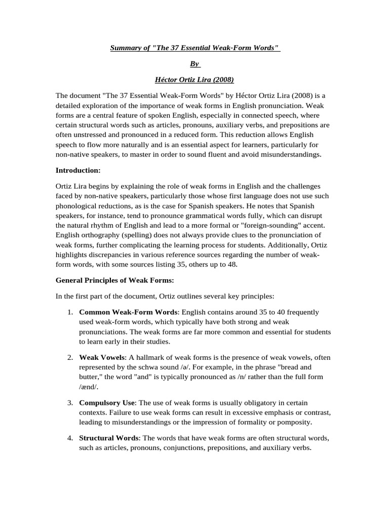 Summary of The 37 Essential Weak-Form Words by Héctor Ortiz Lira (2008) | PDF | English Language ...