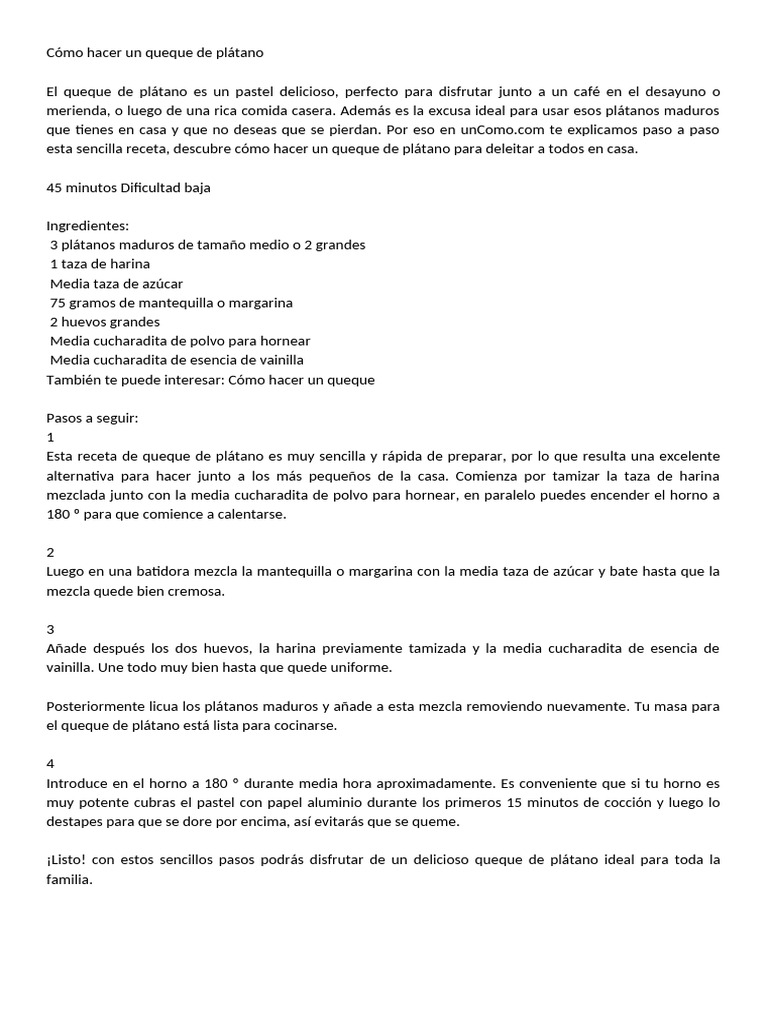 Cómo Hacer Un Queque de Plátano | PDF | Estilo de vida