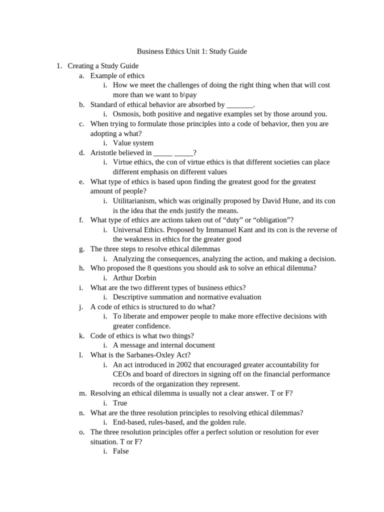 Business Ethics Unit 1 Study Guide | PDF | Morality | Applied Philosophy Business Ethics Unit 1 Study Guide | PDF | Morality | Applied Philosophy