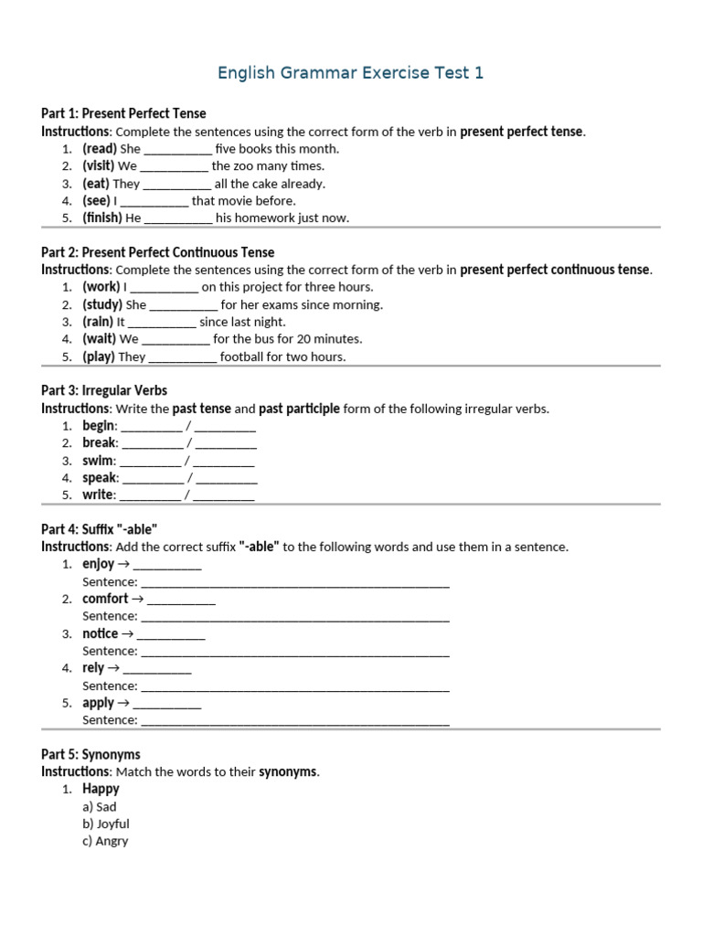 English Grammar Exercises Overview | PDF | Grammatical Tense | Perfect ...