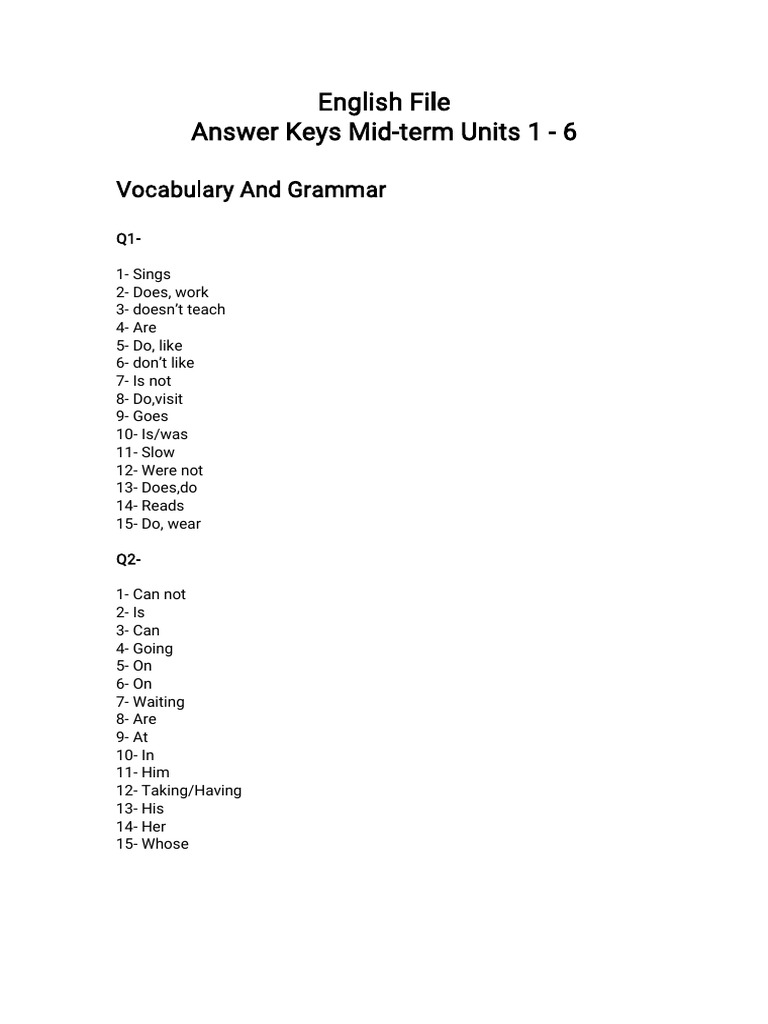 English File Elementary Midterm Test Answer Keys | PDF | Language Arts ...