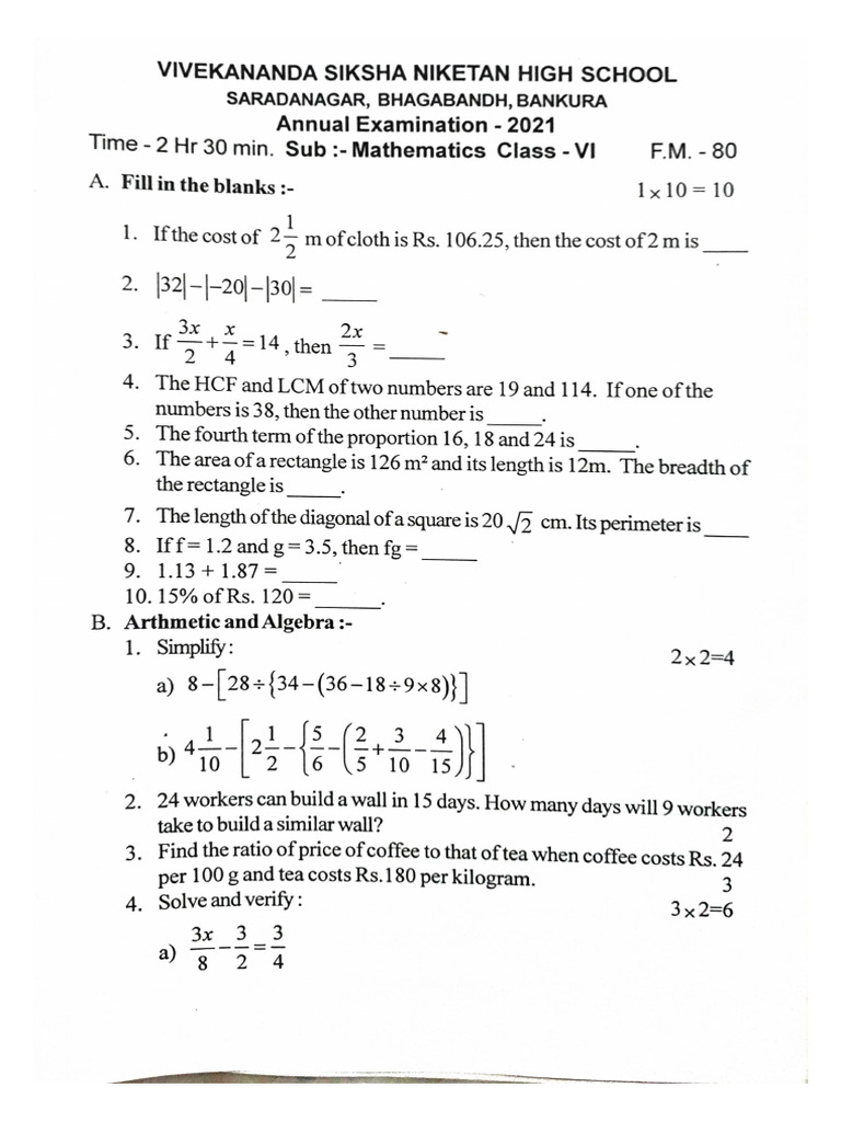 Vi Mathematics Annual Examination 2021 | PDF