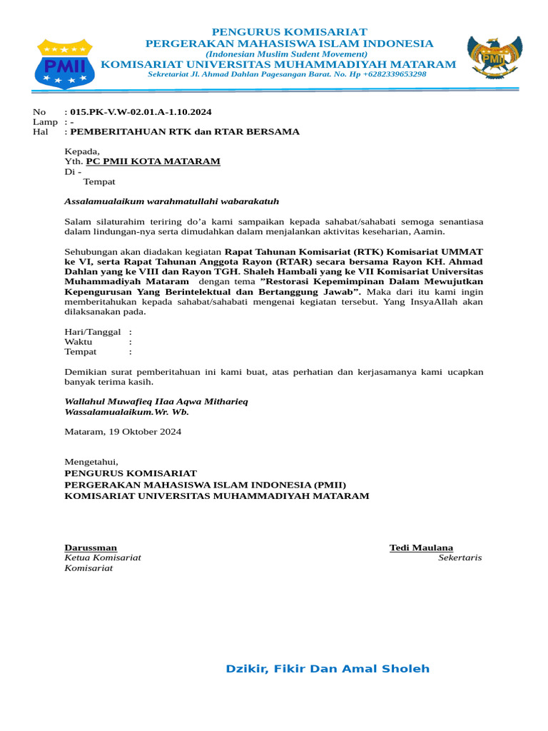Surat RTK Dan RTAR BeRSAMA | PDF