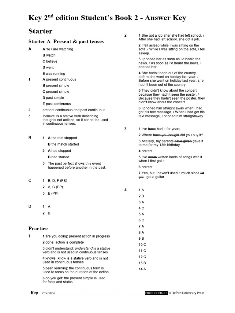 Answer Key for Key 2nd Edition Book 2 | PDF | Verb | Sports